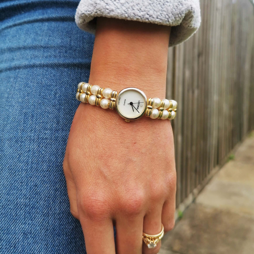 Vintage Women's Lucoral Gold Plated Quartz Watch With A Pearl Bracelet