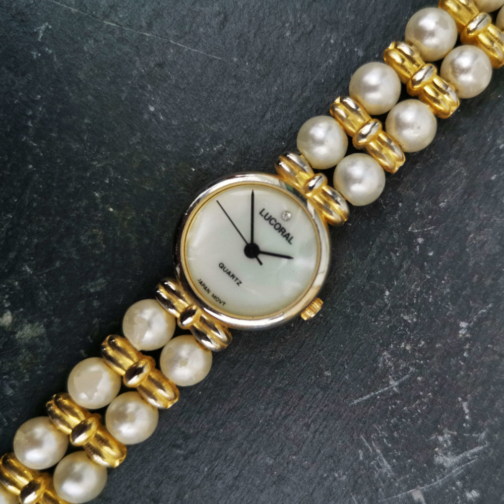 Vintage Women's Lucoral Gold Plated Quartz Watch With A Pearl Bracelet